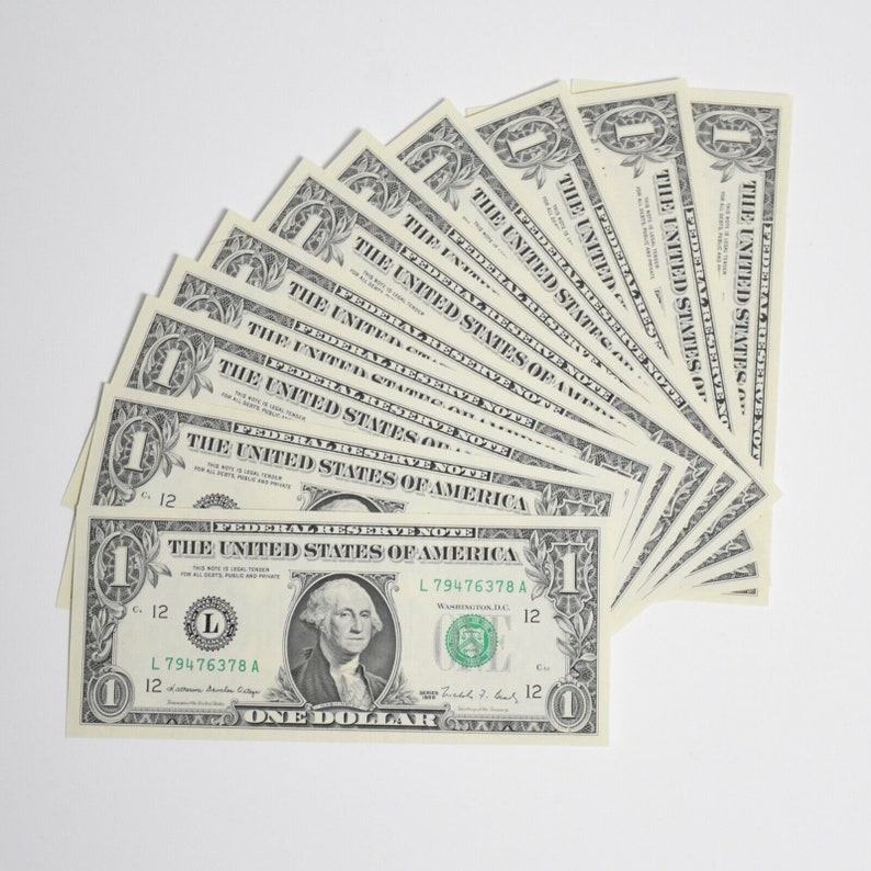 1988 One Dollar Bill Uncirculated Federal Reserve Note Consecutive FRN ...