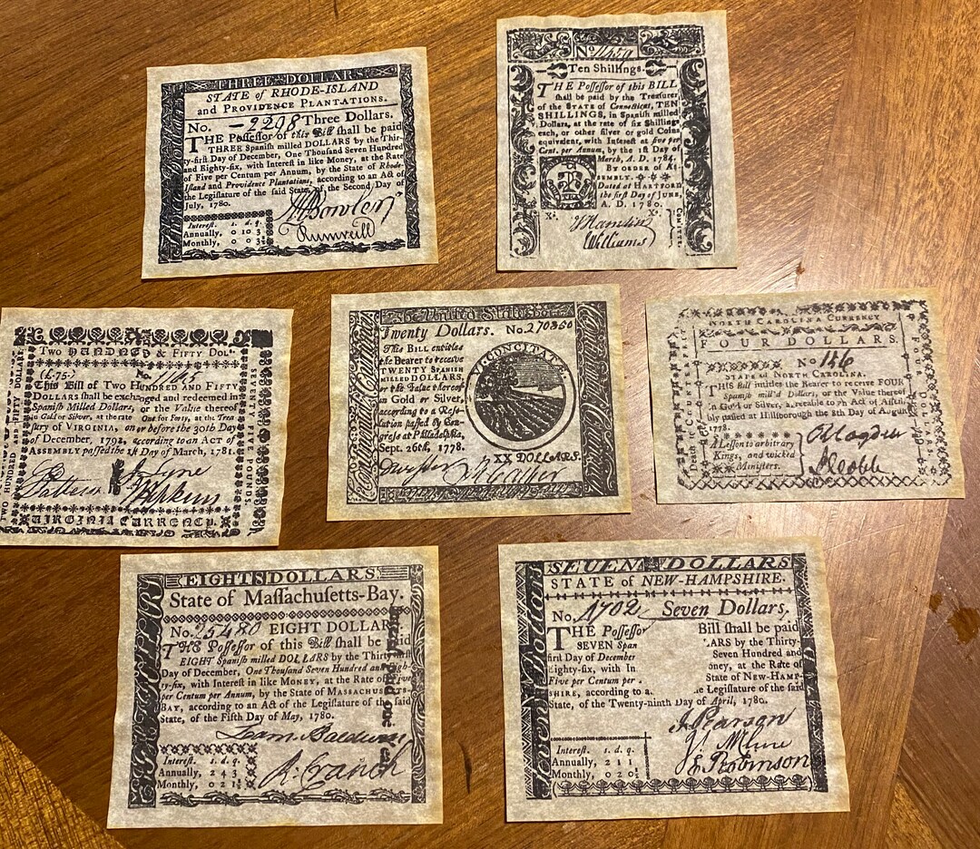 Set of 7 Different Replica 1700s Colonial Banknotes FREE SHIPPING Lot B ...