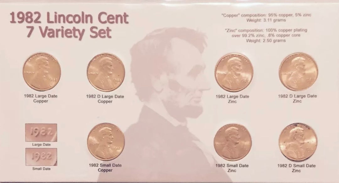 1982 Lincoln Cent - 7 Variety Set - in Display Case - Small Date ...
