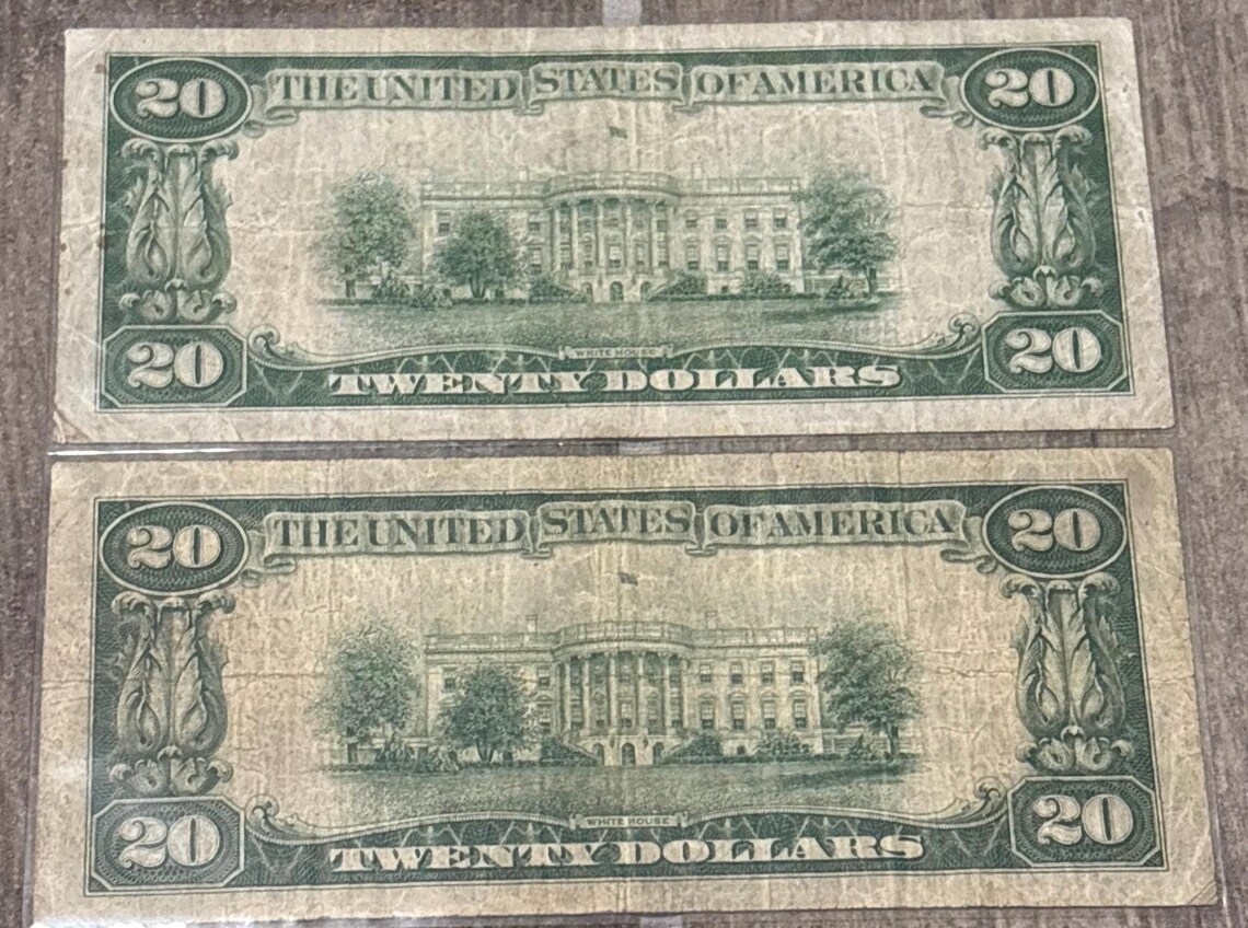 1929 20-dollar National Bank Note Type 1 and 2 Pair Charter #13044 Bank ...