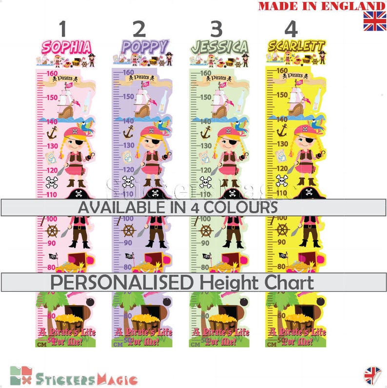 Personalised Height Chart Wall Sticker Girls Pirate Nursery Wall Decal ...
