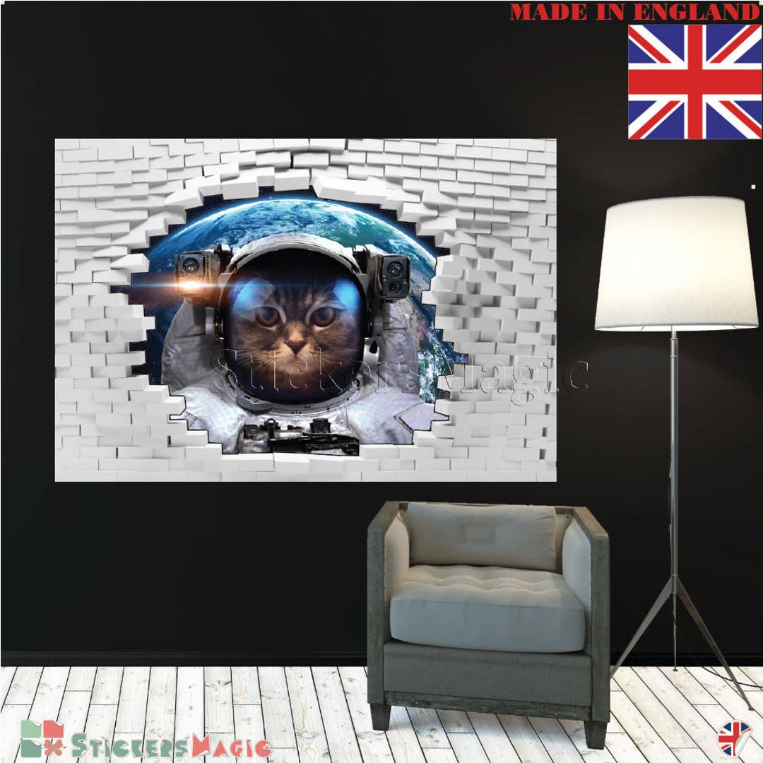 Cat Astronaut Hole 3d View Wall Sticker Decalmural Wall - Etsy
