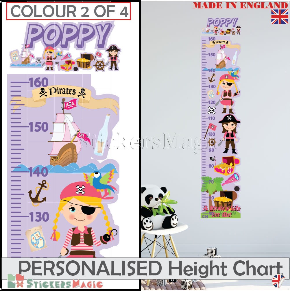 Personalised Height Chart Wall Sticker Girls Pirate Nursery Wall Decal ...
