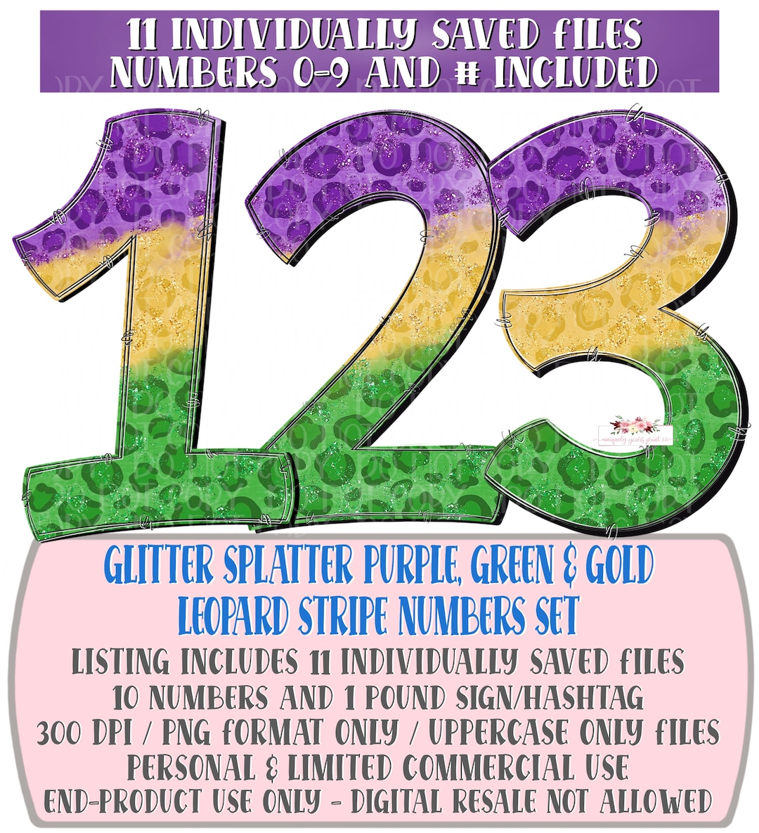 Mardi Gras Digital Numbers Design Set | Purple Green & Gold Leopard ...