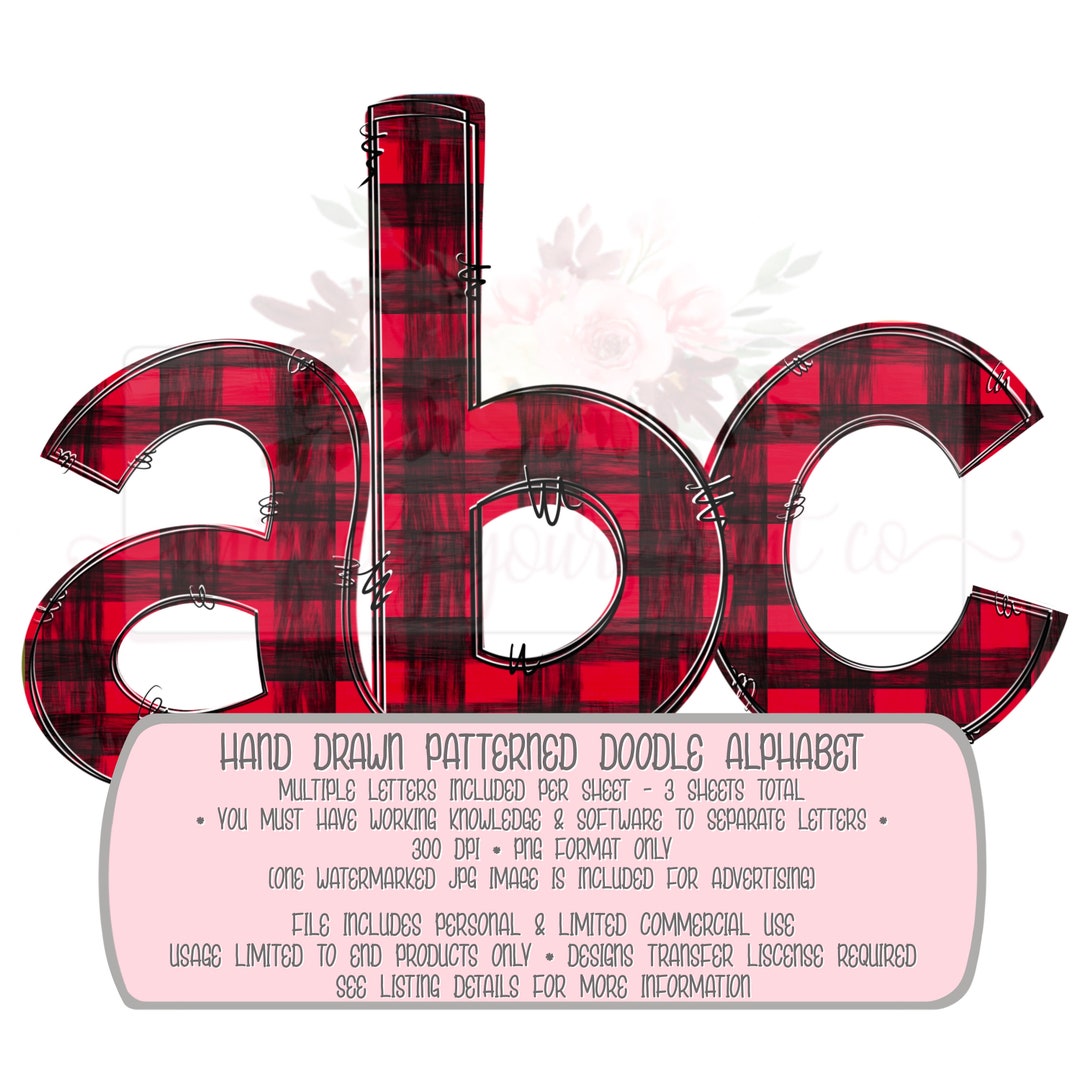 Red Buffalo Plaid Alphabet Set Hand Drawn Printable PNG Sublimation ...