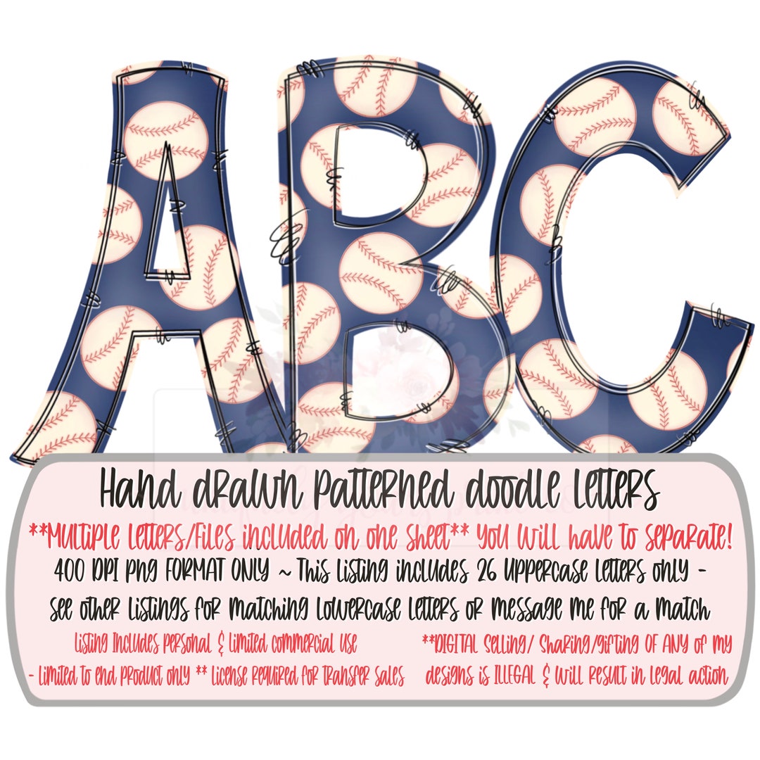 Navy With Baseballs Doodle Alphabet Set | Hand Drawn | Printable | PNG ...