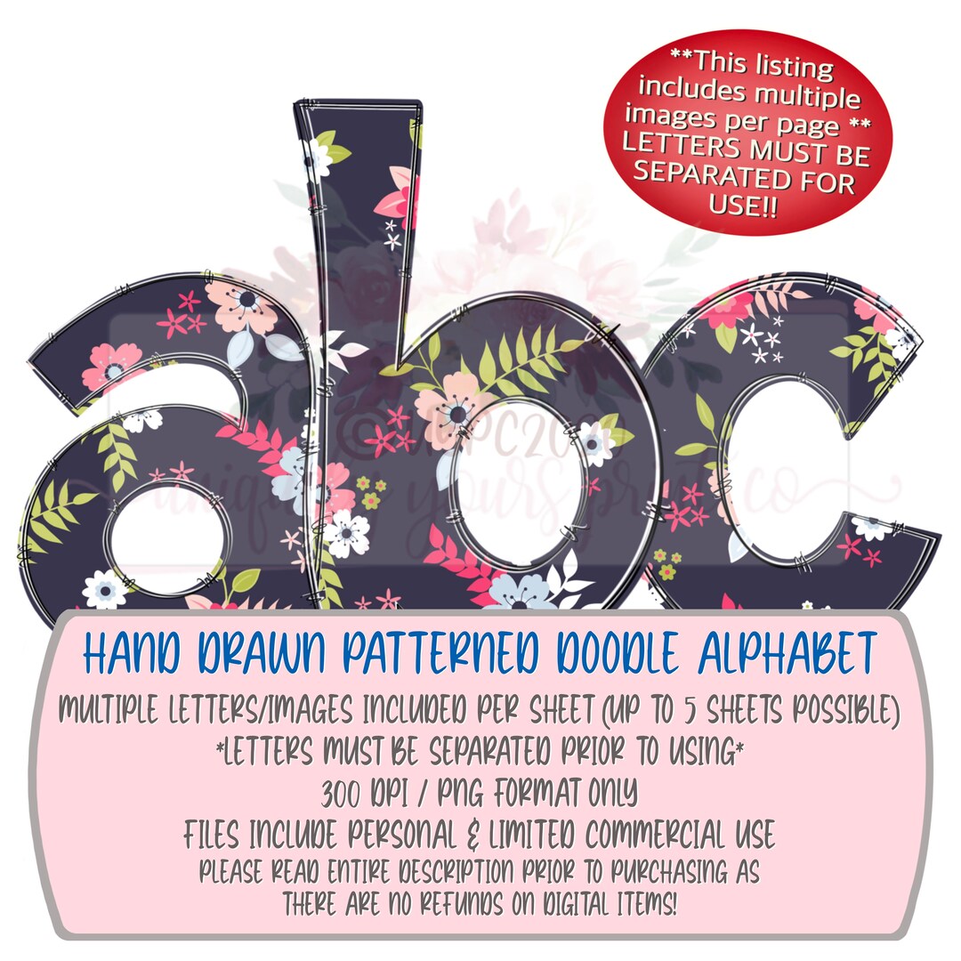 Navy, Pink and Lime Floral Lowercase Doodle Alphabet Set | Hand Drawn ...