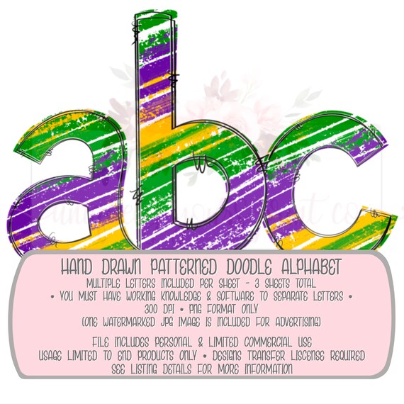 Purple Green and Gold Alphabet Set Hand Drawn Printable | Etsy