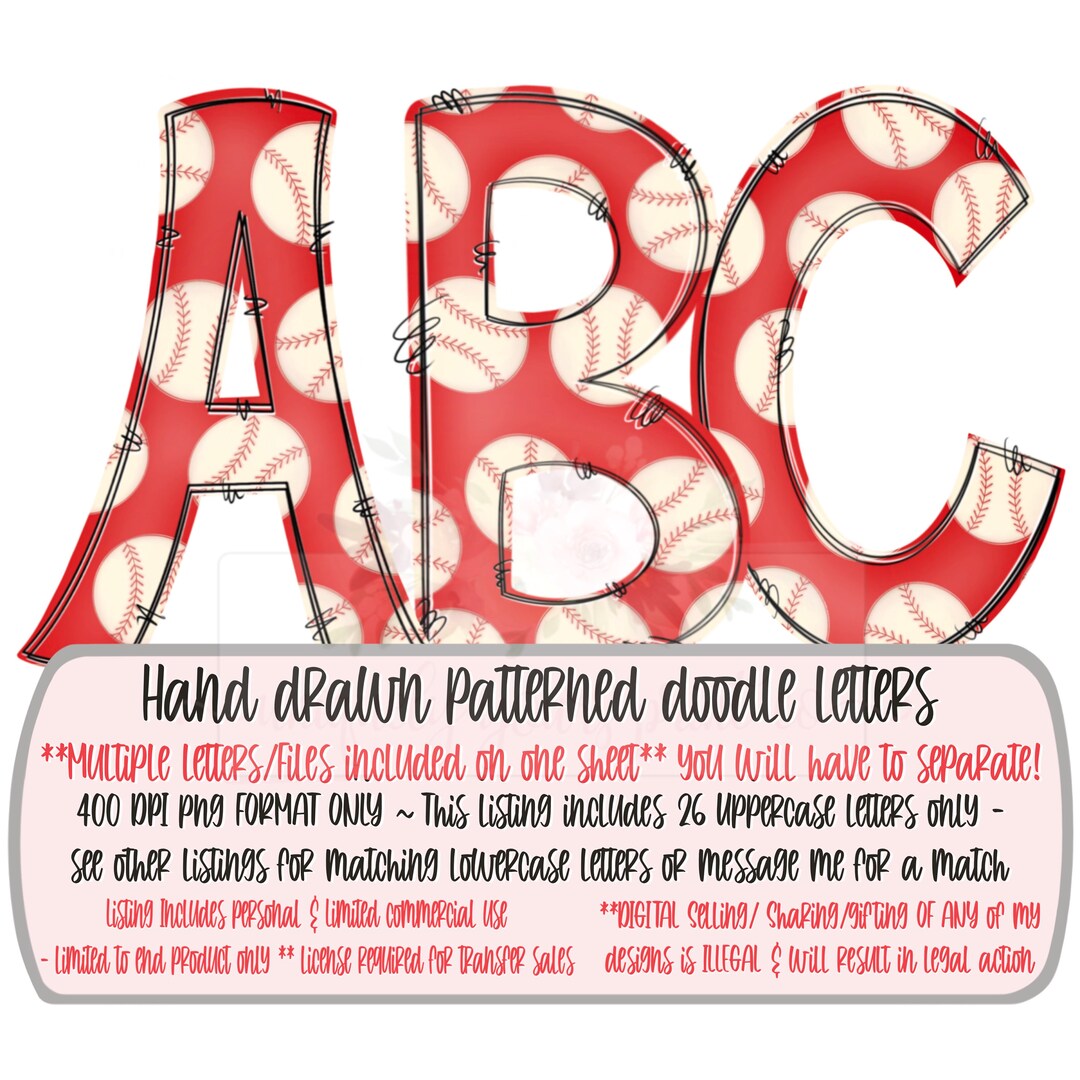 Red With Baseballs Doodle Alphabet Set | Hand Drawn | Printable | PNG ...