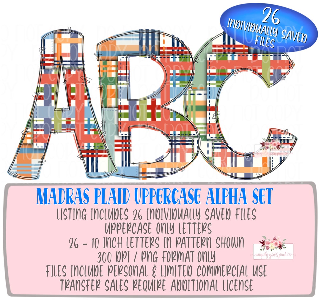 Madras Multi Pattern Plaid Uppercase Only Digital Alphabet Set | Hand ...