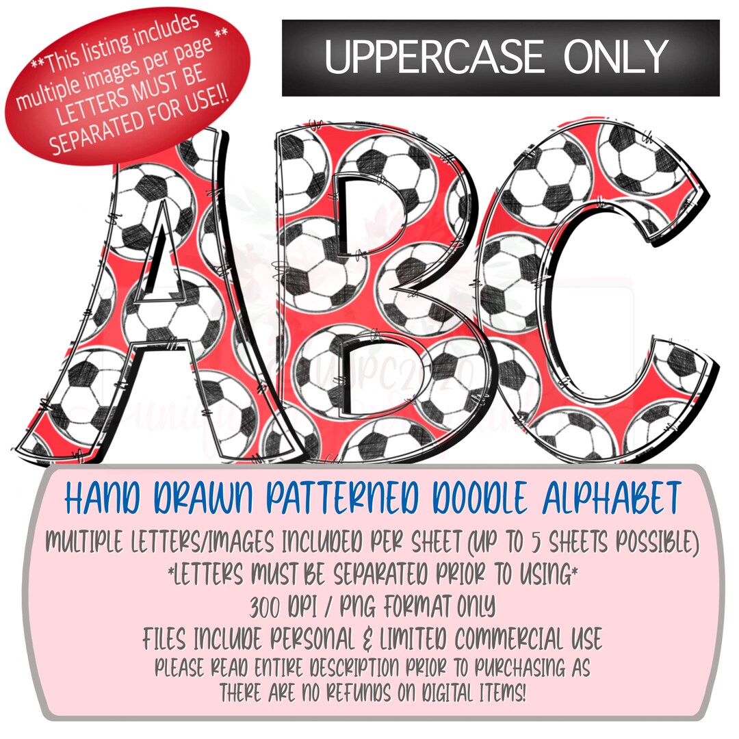 Red Sketched Soccer Balls Fill Uppercase Alphabet Set | Hand Drawn ...