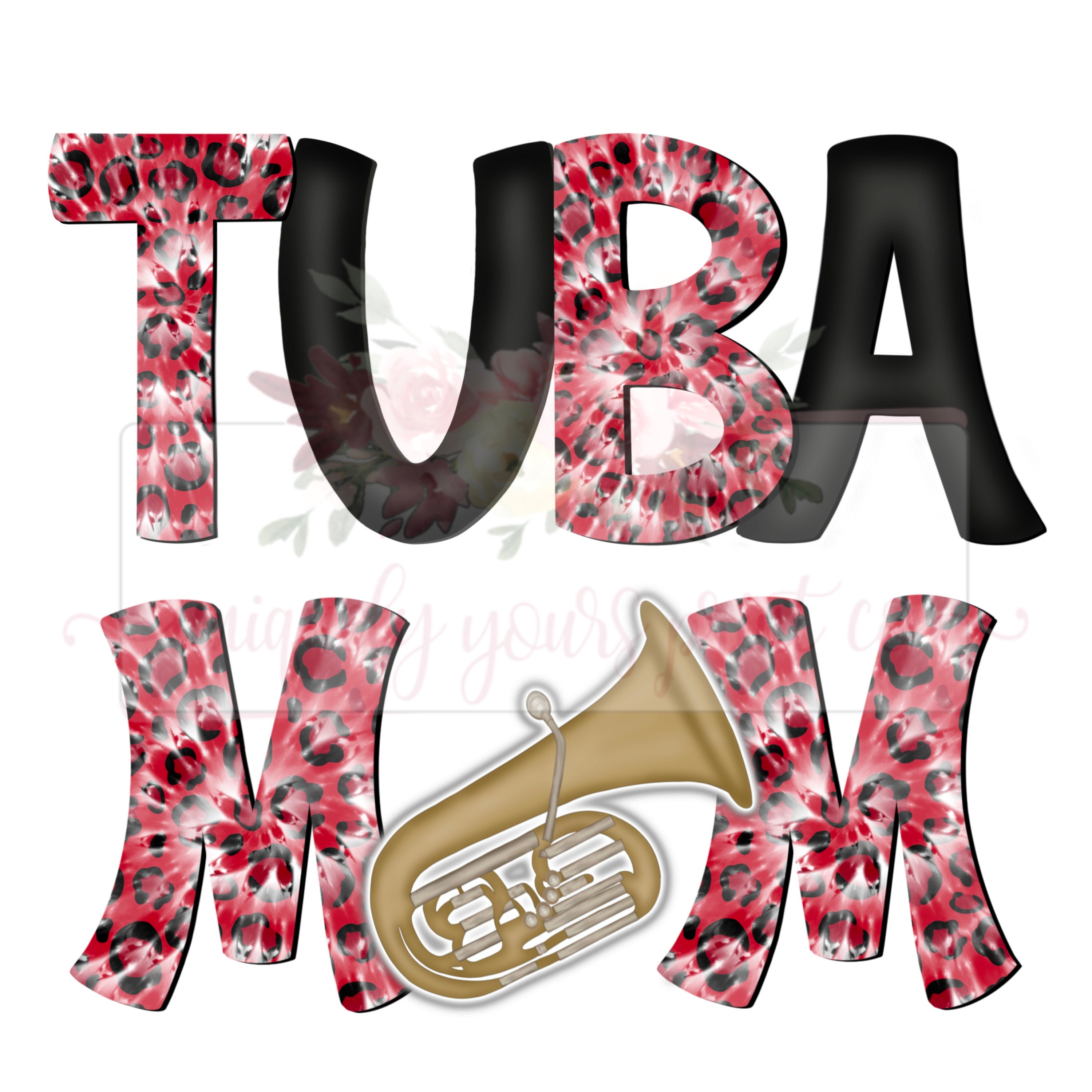 Red and Black Cheetah Tie Dye Tuba Mom Doodle With Tuba | Hand Drawn ...