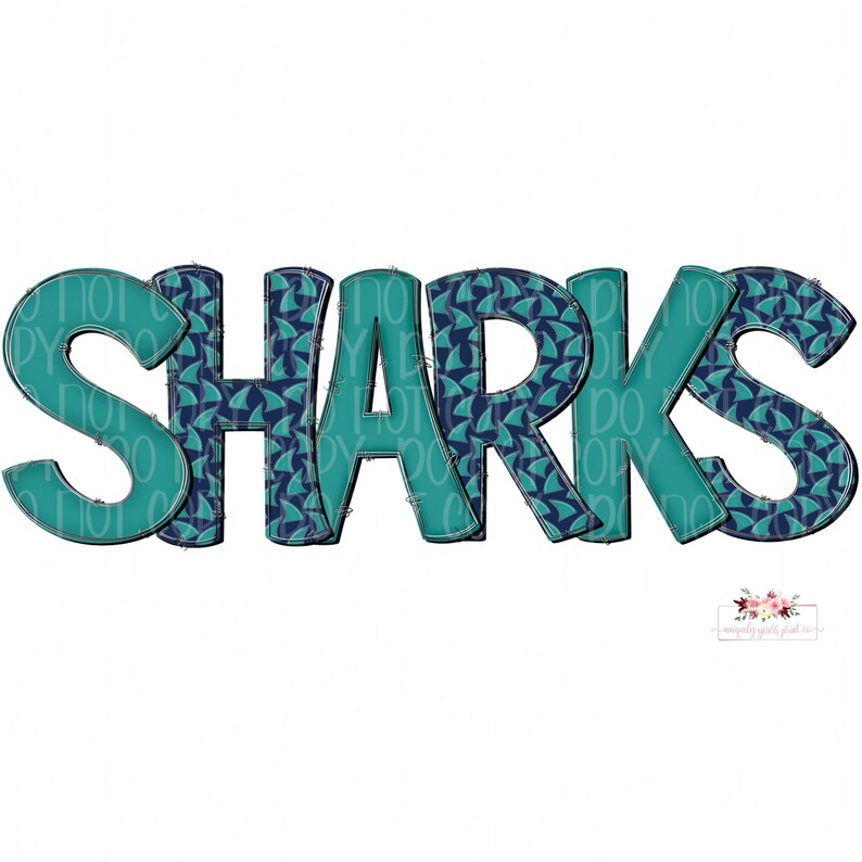 Teal & Blue Sharks Digital Design Hand Drawn School Spirit - Etsy