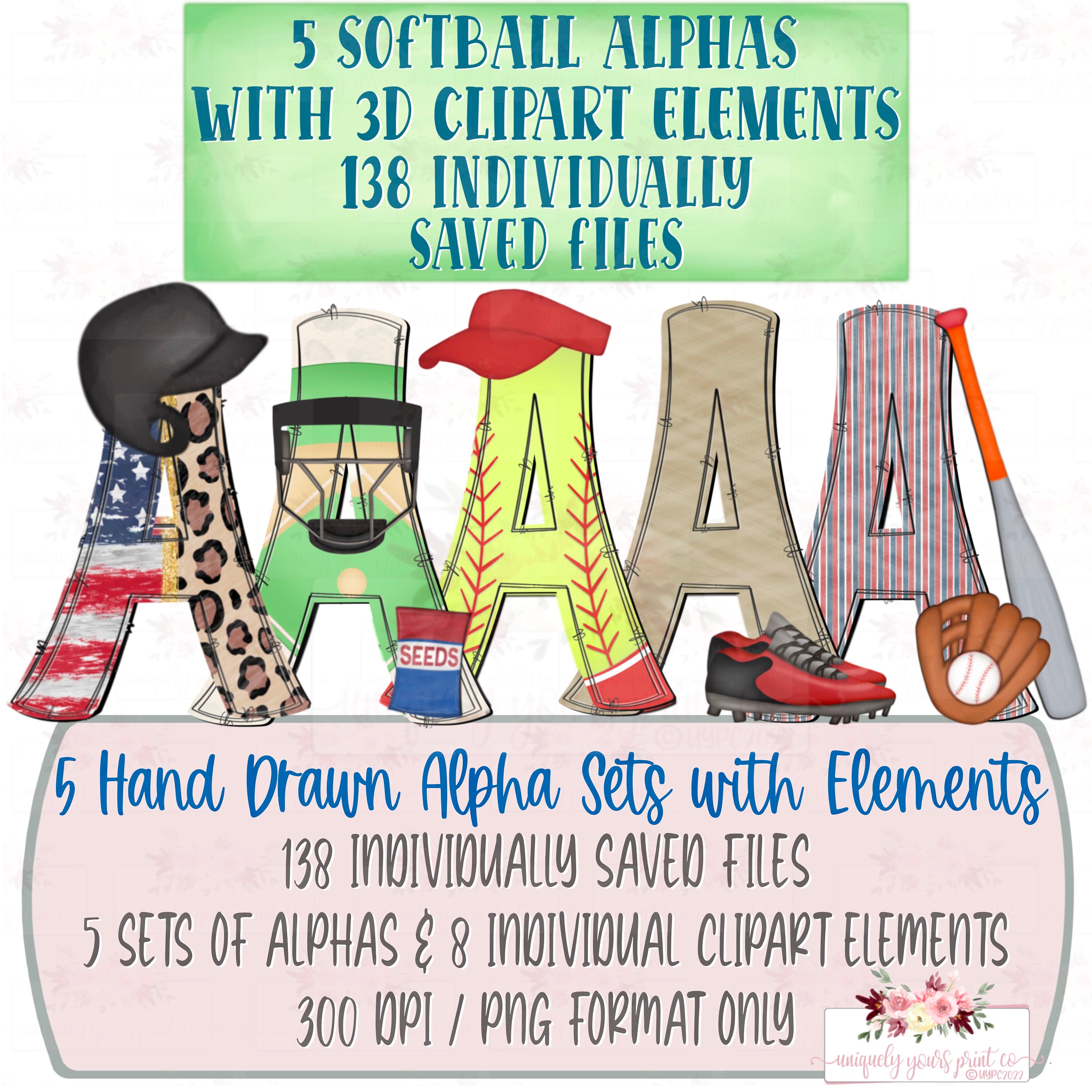 Softball Alpha Set With 3D Add-on Elements | 138 Individually Saved ...