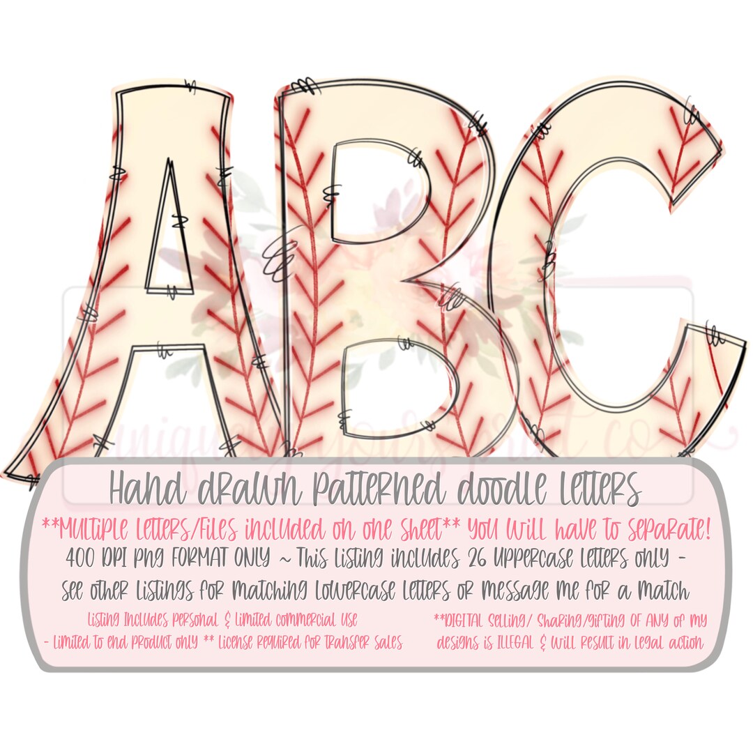 Baseball Patterned Alphabet Set Hand Drawn Printable PNG Sublimation ...