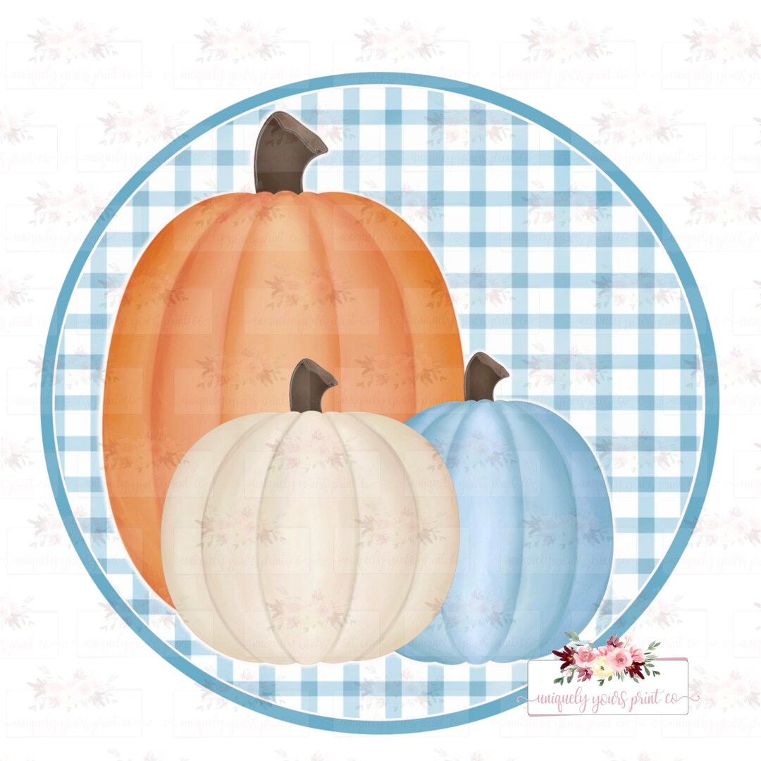 Pumpkin Trio on Blue Gingham Circle Frame Digital Design L Instant ...