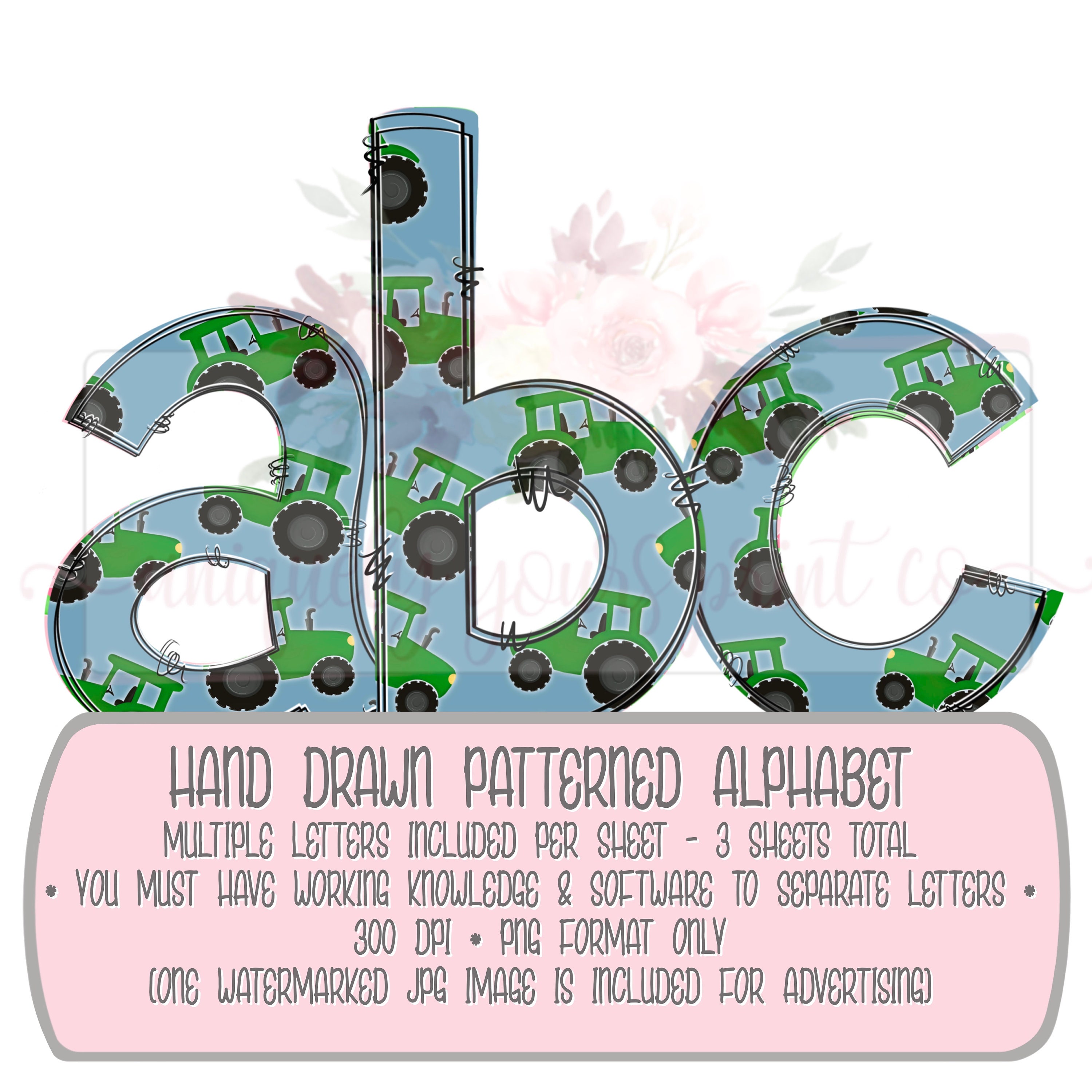 Green tractors on blue alphabet set Hand drawn Printable | Etsy