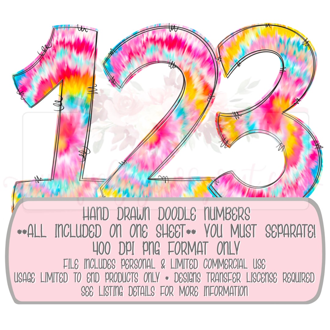 Tie Dyed Patterned Number Set | Hand Drawn | Printable | PNG ...