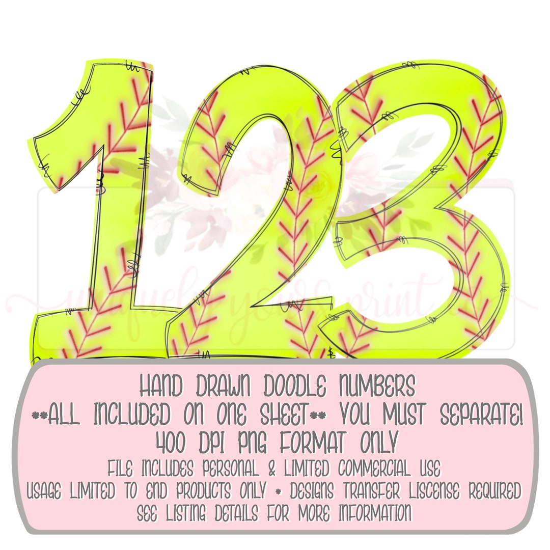 Softball Patterned Number Set | Hand Drawn | Printable | PNG ...