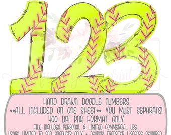 Softball Patterned Number Set Hand Drawn Printable PNG - Etsy