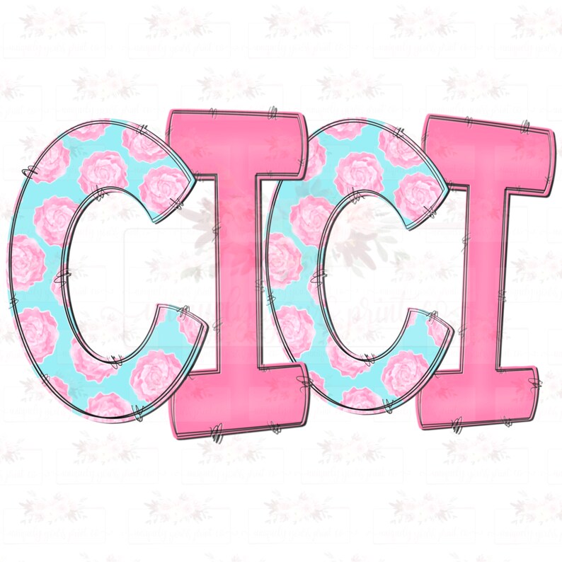 Floral Doodle PNG | Pink Roses, Blue Design (digital Download) - Etsy