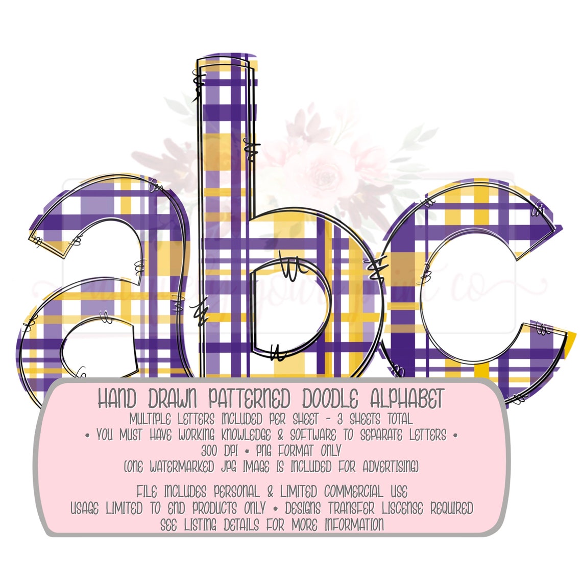 Purple and Gold Plaid Alphabet Set | Hand Drawn | Printable | PNG ...