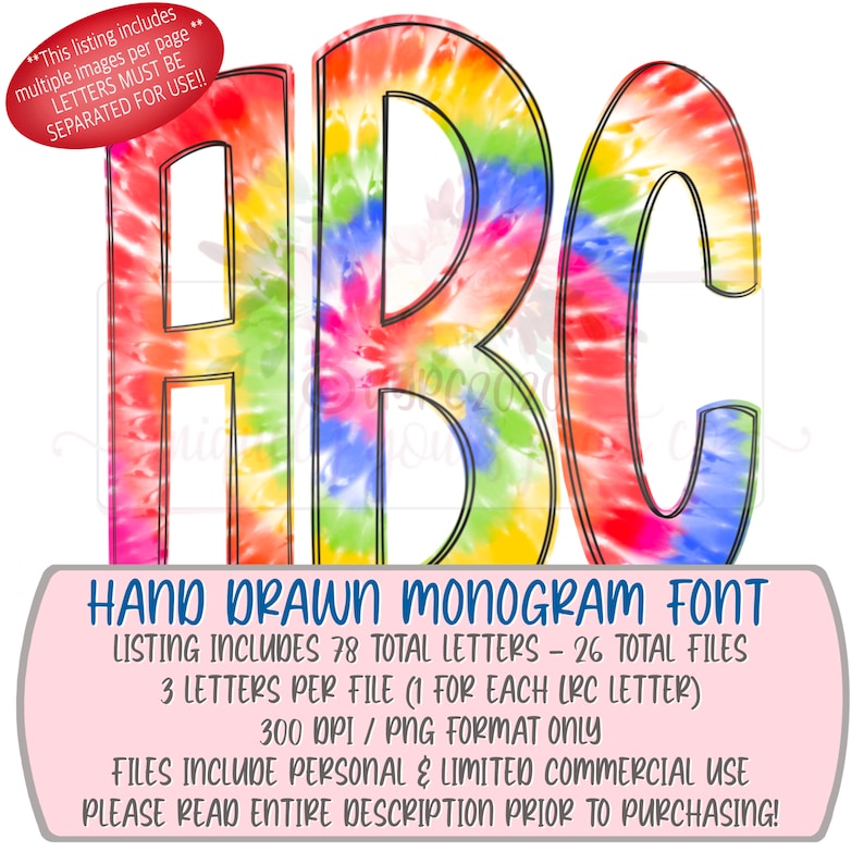 Tie Dye Monogram Doodle Font | Hand Drawn | Printable | PNG ...