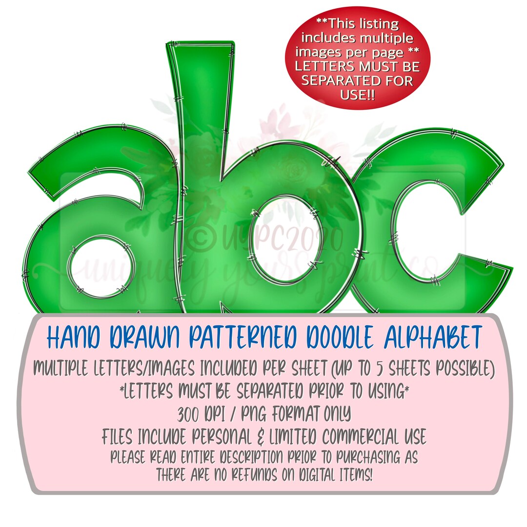 Lime Green Watercolor Doodle Alphabet Set | Lowercase Only| Hand Drawn ...