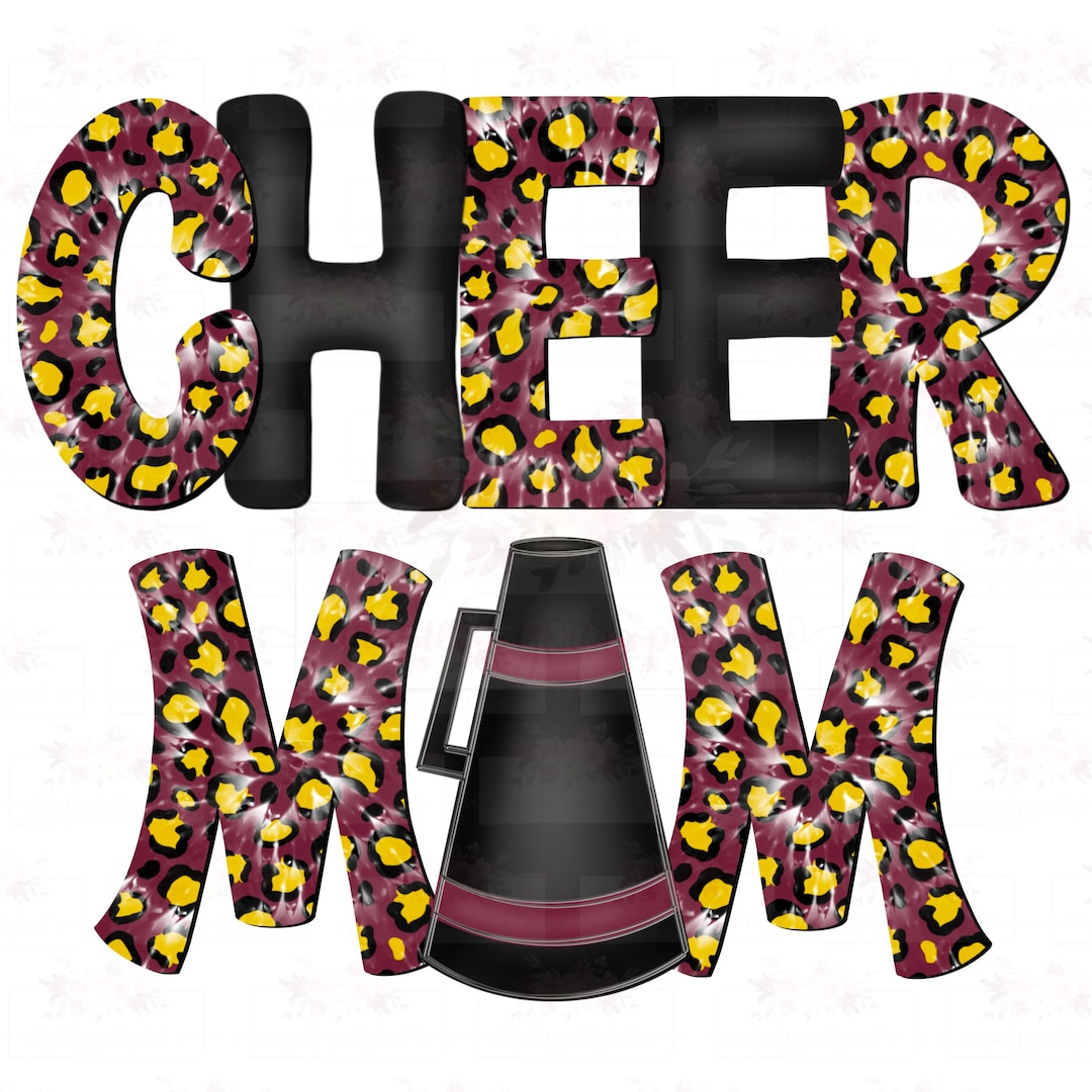 Maroon, Black & Yellow Gold Cheetah Tie Dye Cheer Mom PNG | Hand Drawn ...