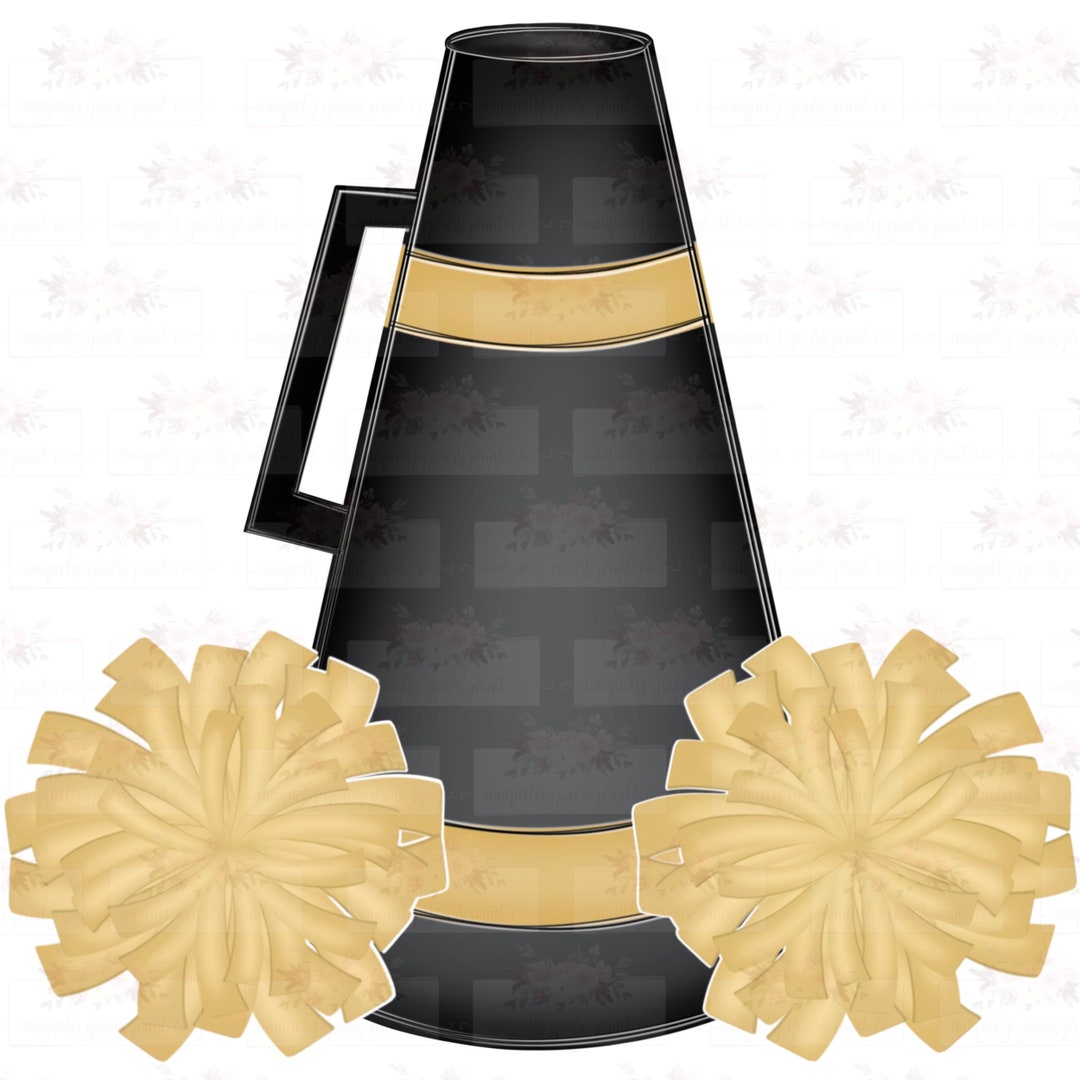 Black & Gold Gold Cheer Png Digital Design | Megaphone and Poms | Hand ...