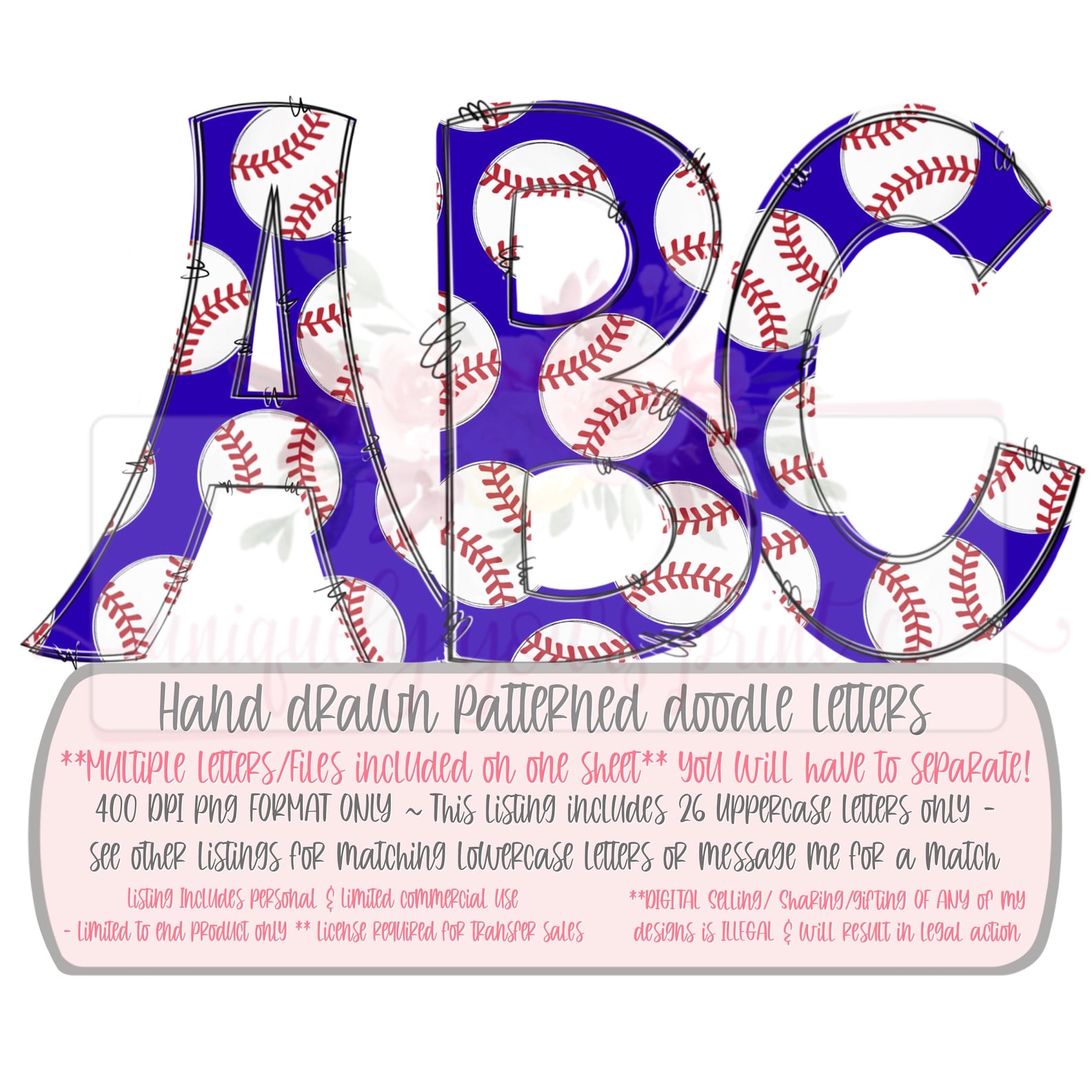 Royal Blue Baseball Uppercase Doodle Alphabet Set Hand Drawn - Etsy