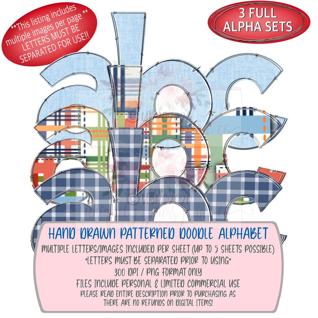 Madras Multi Pattern, Blue Chambray & Navy Gingham Alpha Set| Doodle ...