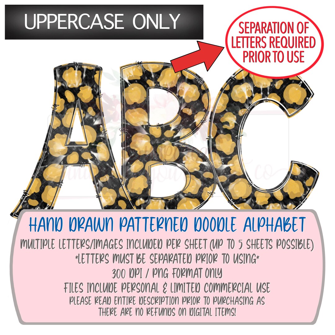 Black and Gold Leopard/cheetah Doodle Alphabet Set | Uppercase Only ...