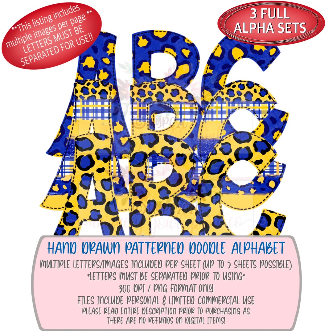 Royal Blue and Yellow Brushstroke and Leopard Caps Alpha Sets | Doodle ...