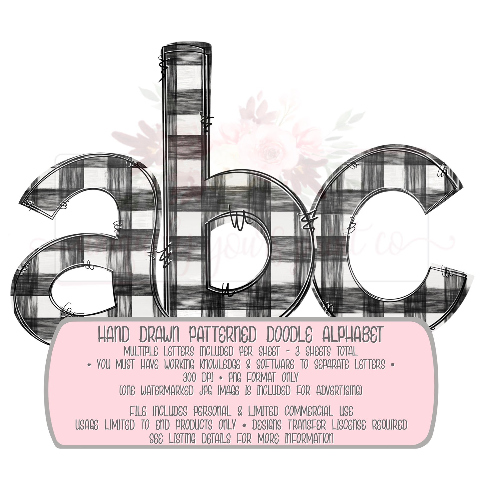 Black Buffalo Plaid Alphabet Set Hand Drawn Printable - Etsy