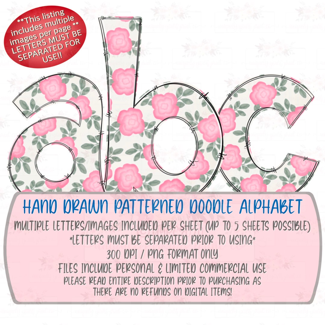 Light Pink & Green Floral Doodle Alpha Pack| Hand Drawn| Printable ...