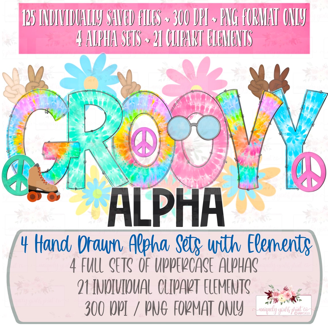 Groovy Tie Dye Alpha Set With Clipart Elements | 125 Individually Saved ...