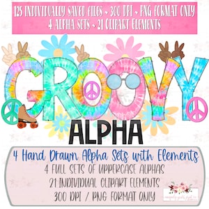 Groovy Tie Dye Alpha Set With Clipart Elements | 125 Individually Saved ...