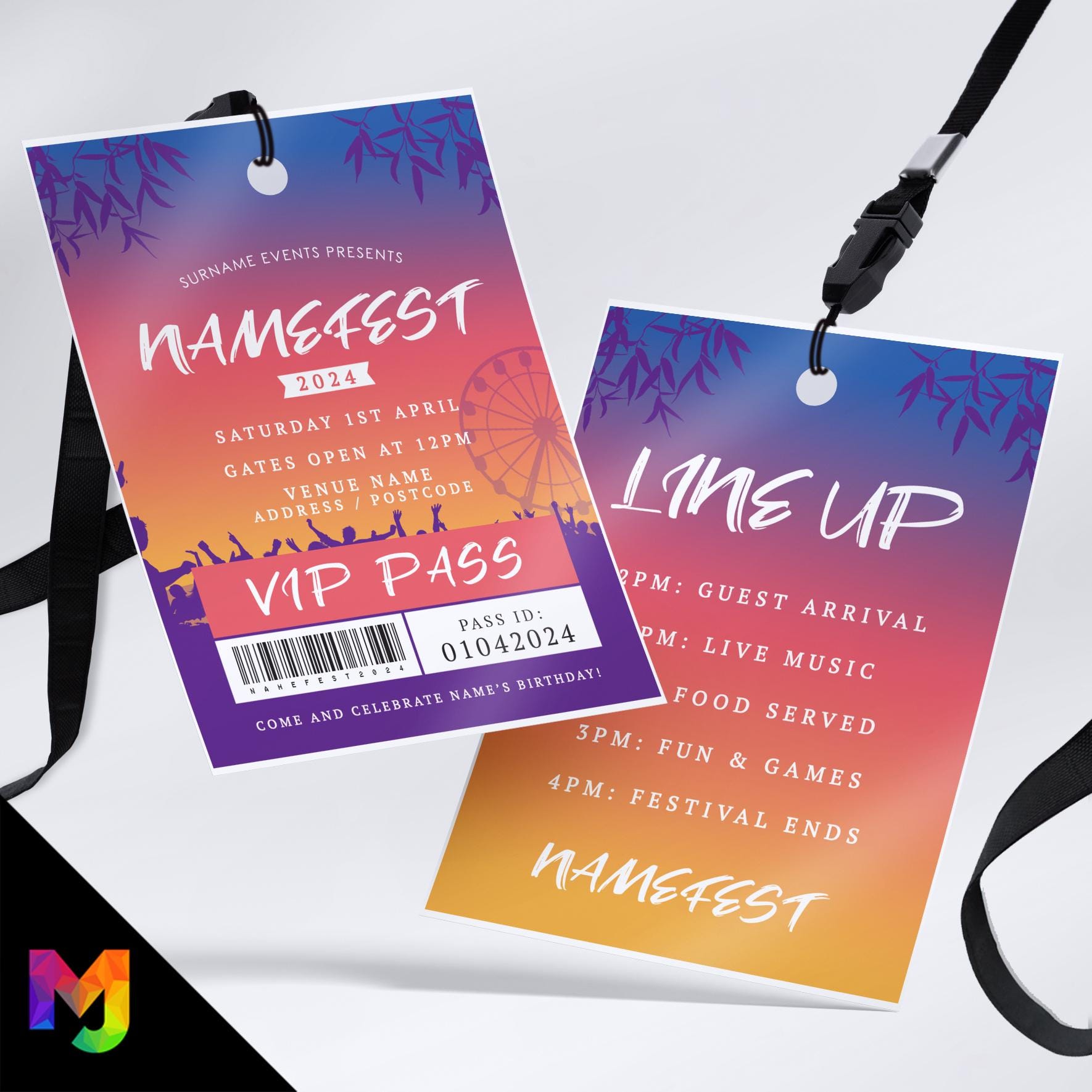 Personalised Boho / Chic Festival Style VIP Pass & Lanyard Invitations ...