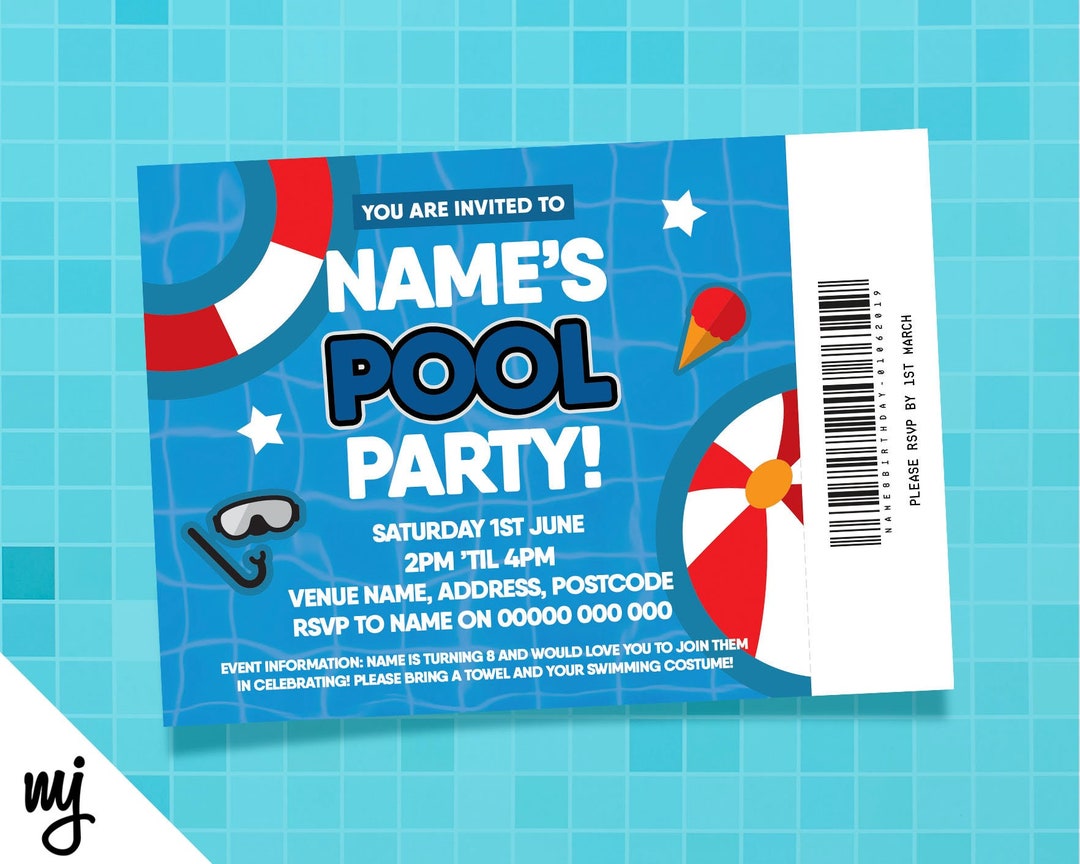 Personalised Pool Party Ticket Style Invitations - Etsy