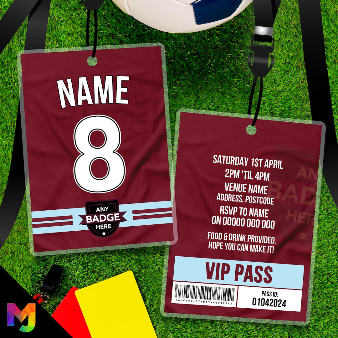 Personalised Football Shirt Style VIP Pass & Lanyard Invitations Any ...