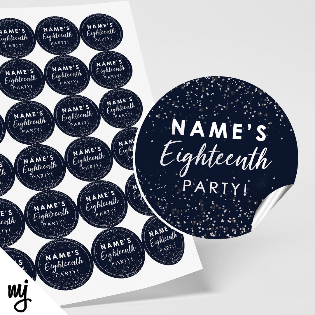 Personalised 18th Birthday Party Round Stickers Navy White Glitter ...
