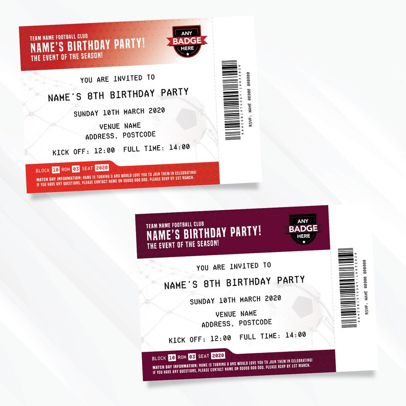 Personalised Football Ticket Style Invitations Thank You - Etsy