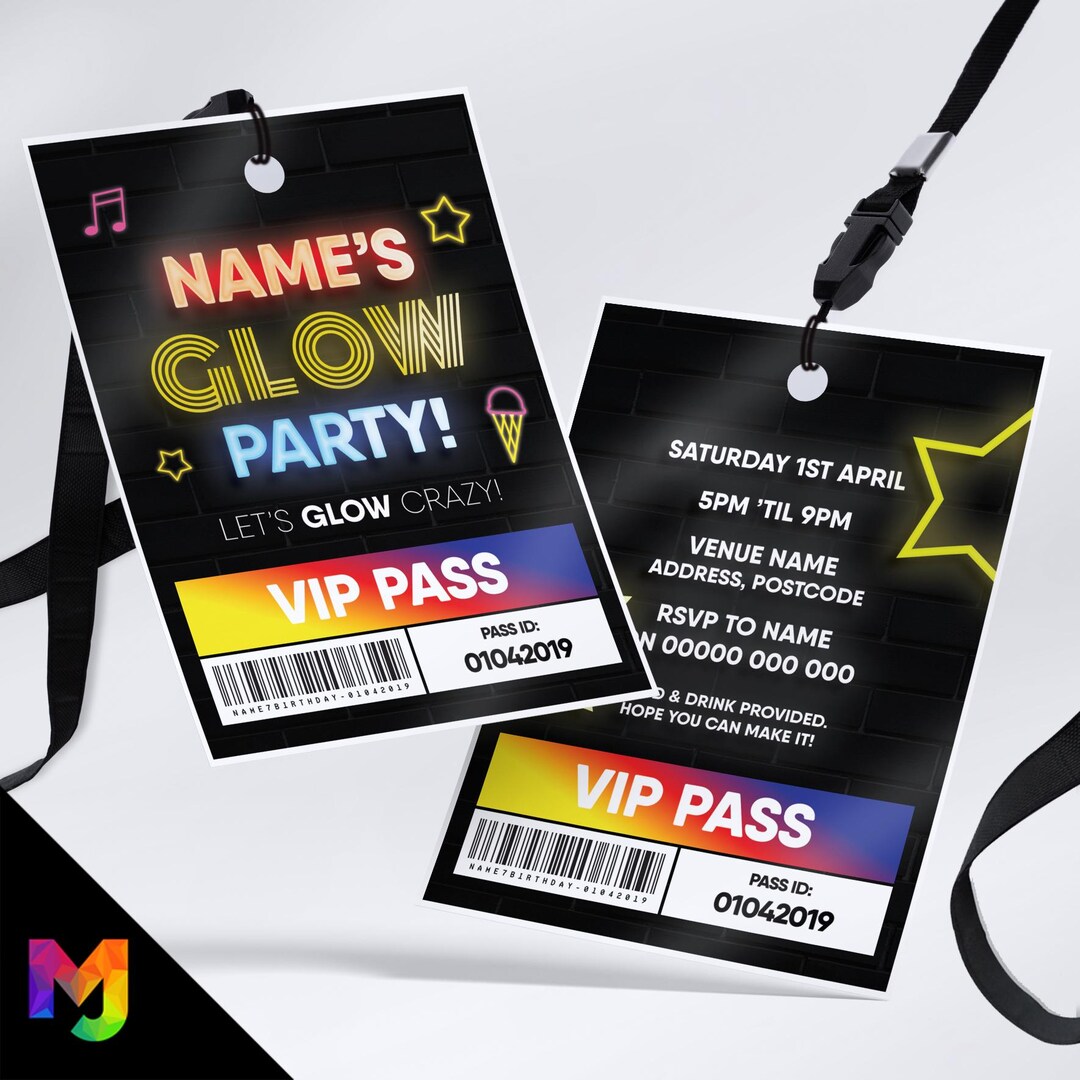 Personalised Glow Neon Party Style VIP Pass & Lanyards | Music Disco ...