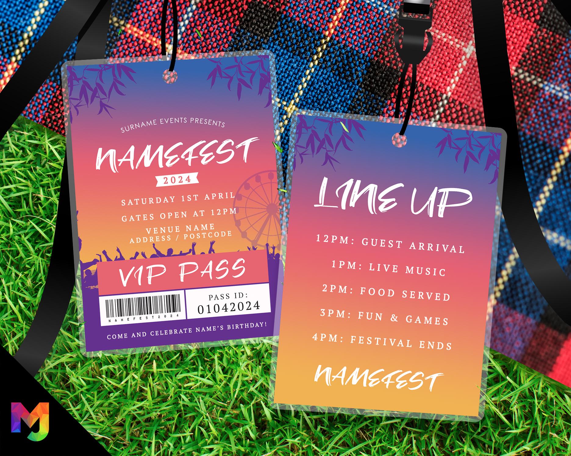 Personalised Boho / Chic Festival Style VIP Pass & Lanyard Invitations ...