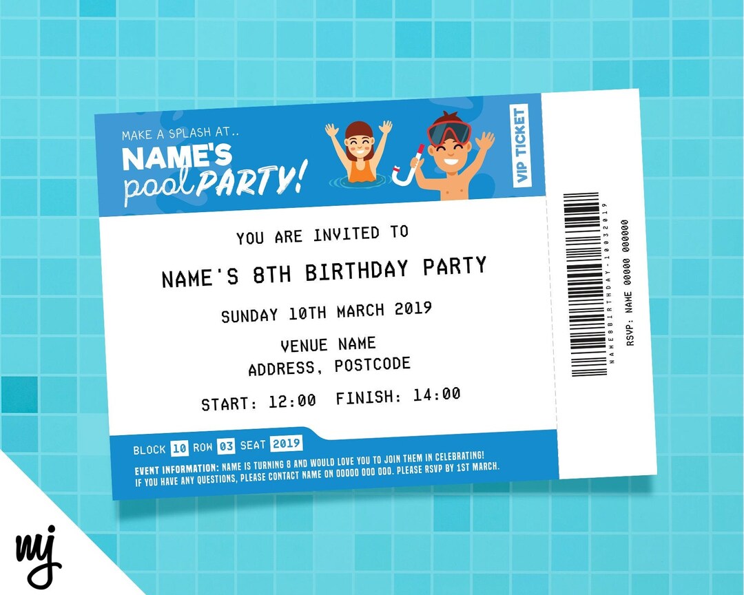 Personalised Pool Party Ticket Style Invitations Invites - Etsy