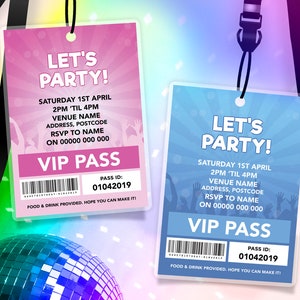 Personalised Disco Music Party Style VIP Pass & Lanyard Invitations ...