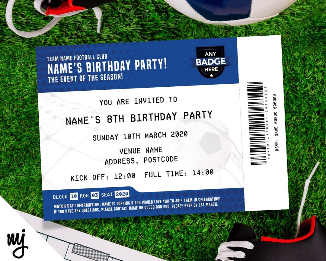 Personalised Blue Football Ticket Style Party Invitations - Etsy