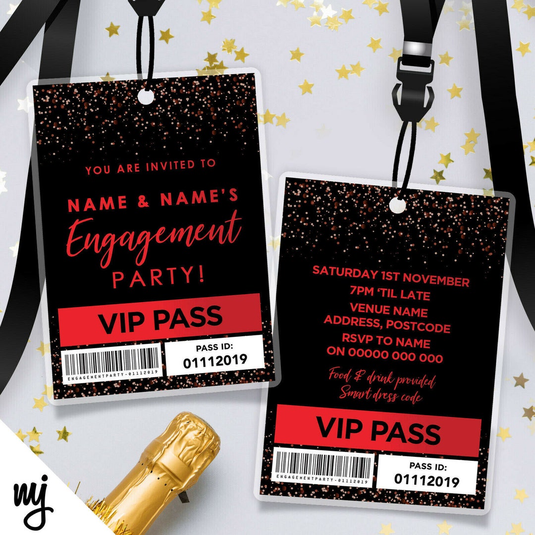 Personalised Engagement Style VIP Pass & Lanyards | Red Black Glitter ...