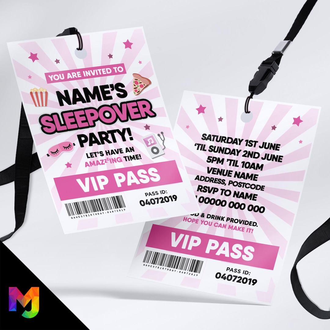 Personalised Pink Sleepover Slumber Party Style VIP Pass & Lanyard ...